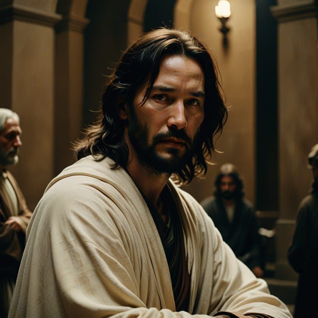 Portrait of Keanu Reeves dressed as Jesus, Long dark hair, looking at ...
