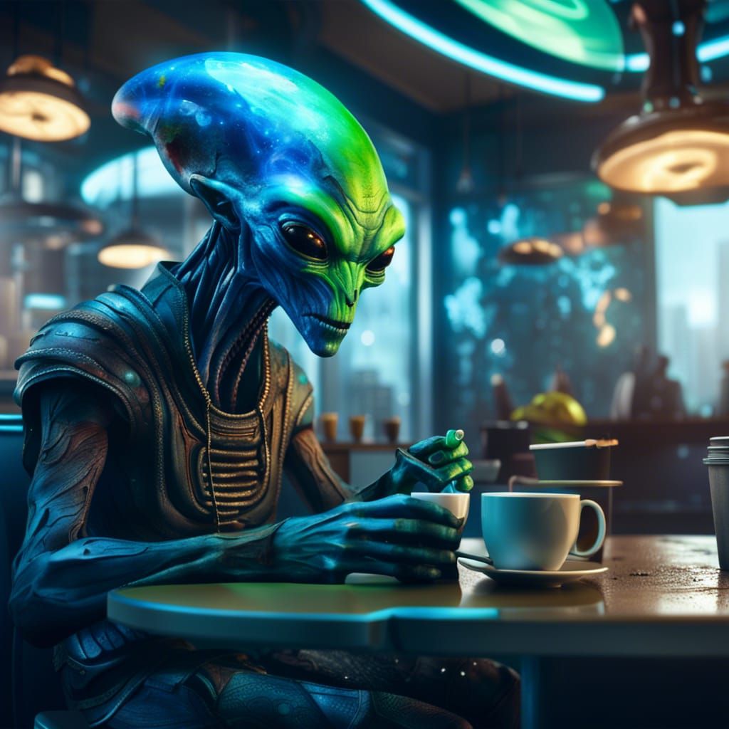 Ugly alien in cybercity playing phone in a futuristic coffee shop ...