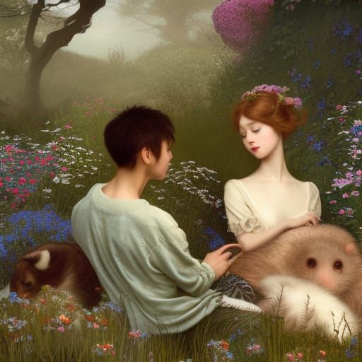 cute girl and boy couple in a cottage garden with animals and ...