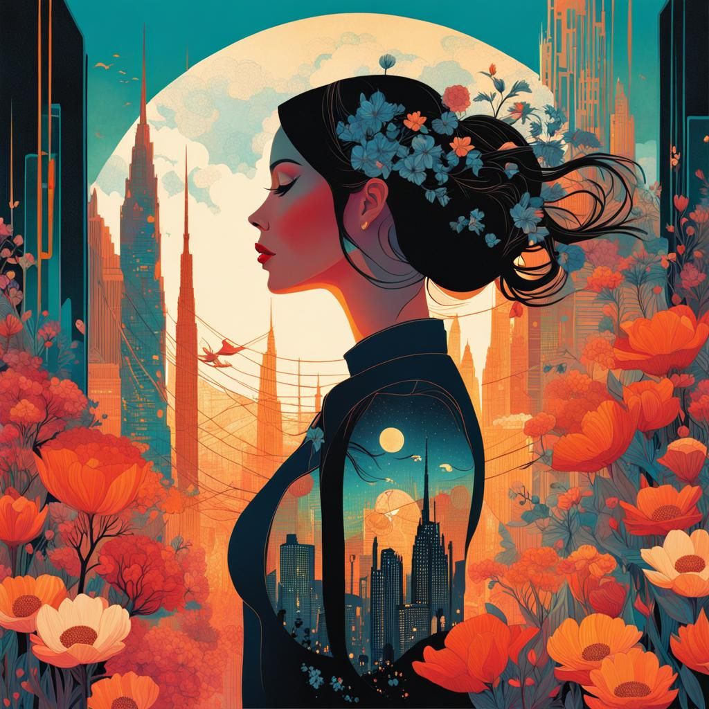 "futuristic city woman sunset flowers mind beating heart" double ...