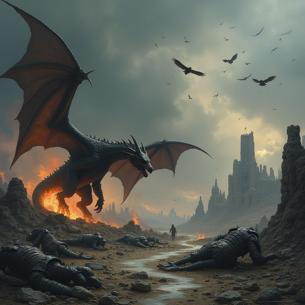 a barren landscape with smoldering ruins, littered... - AI Art