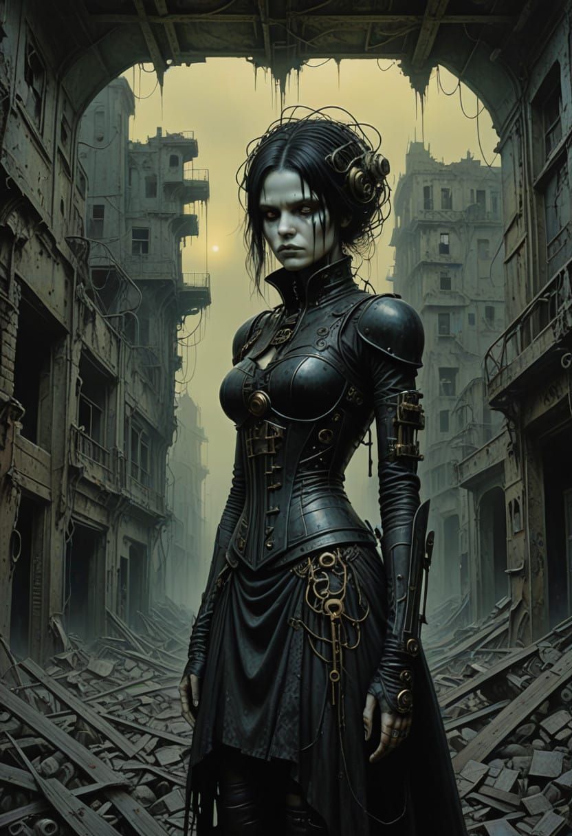 A Gothic Female Model in Post-Apocalyptic Ruins - AI Art