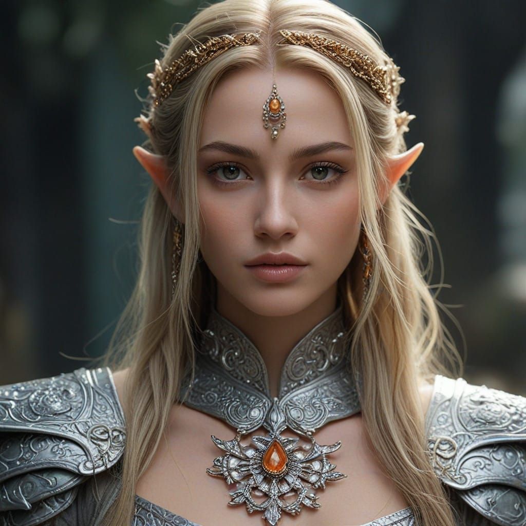 The elf woman is a beautiful young lady wearing silver armor, and ...