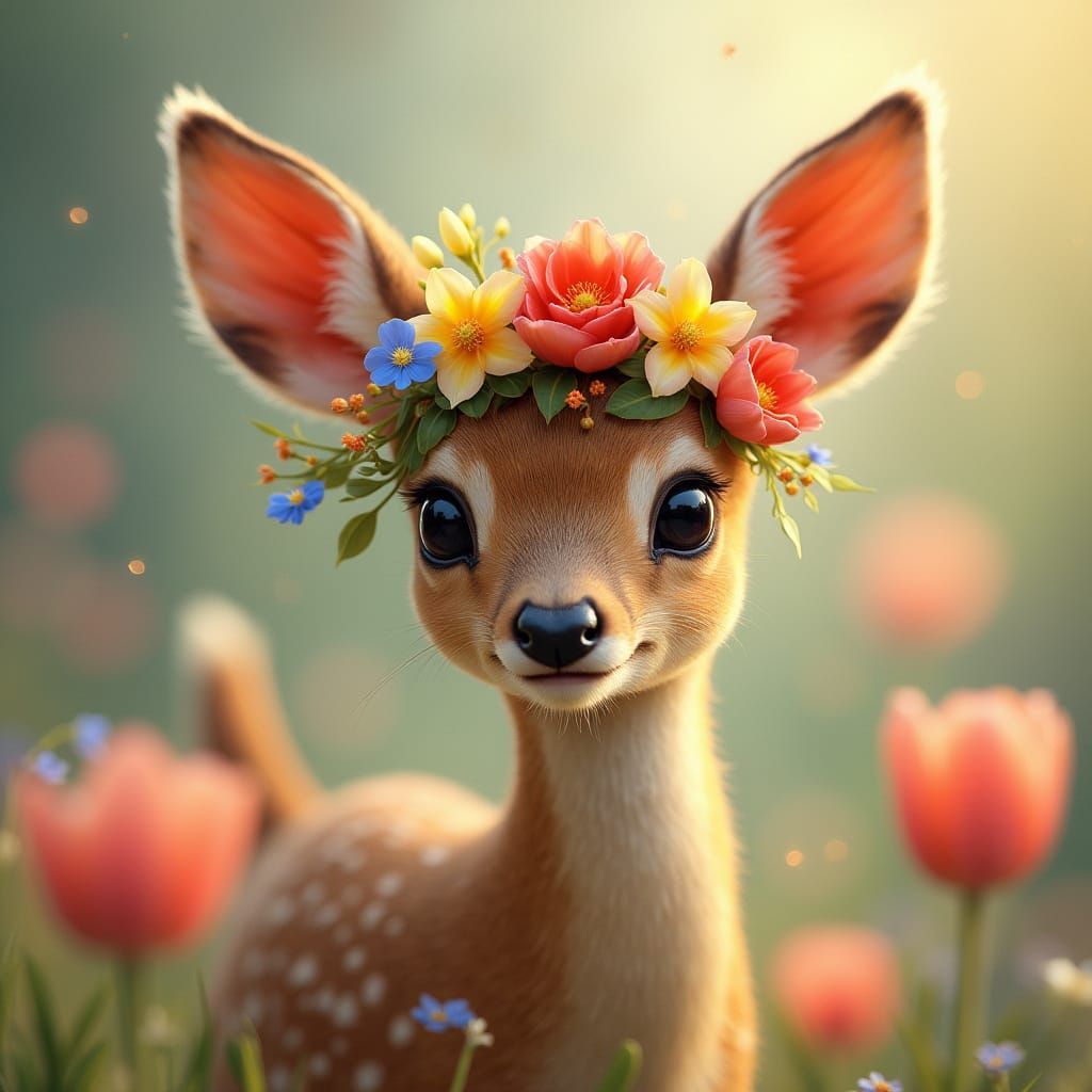 A closeup of a fawn surrounded by spring flowers head and shoulders ...