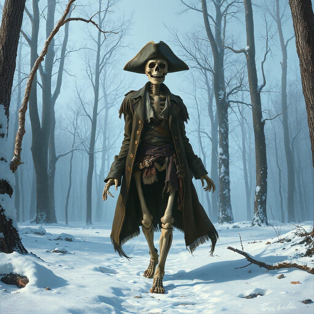 Skeleton pirate captain walking in snow forest