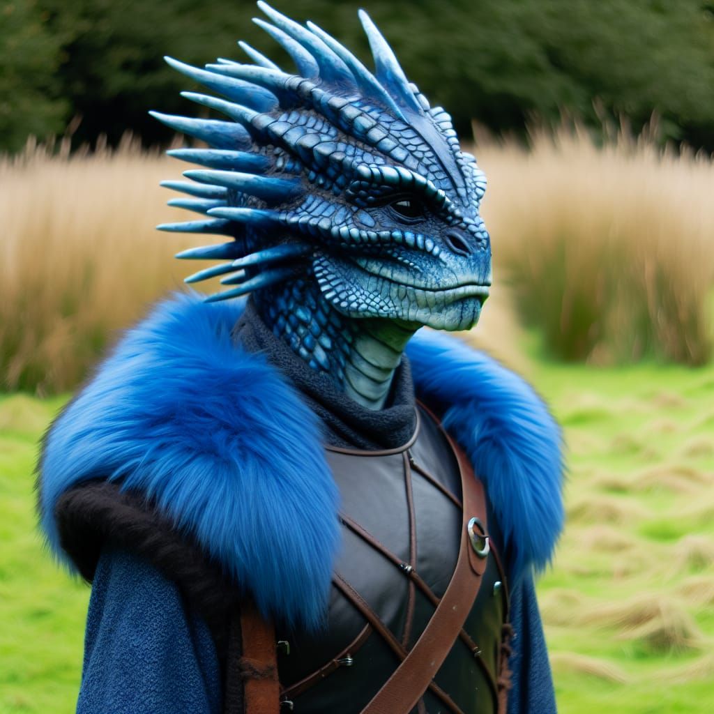 blue-scaled humanoid wearing blue tunic and blue fur cloak, standing on ...