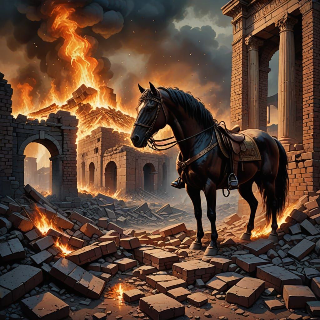 A Forgotten City's Descent into Ruin in a Fiery Ae... - AI Art