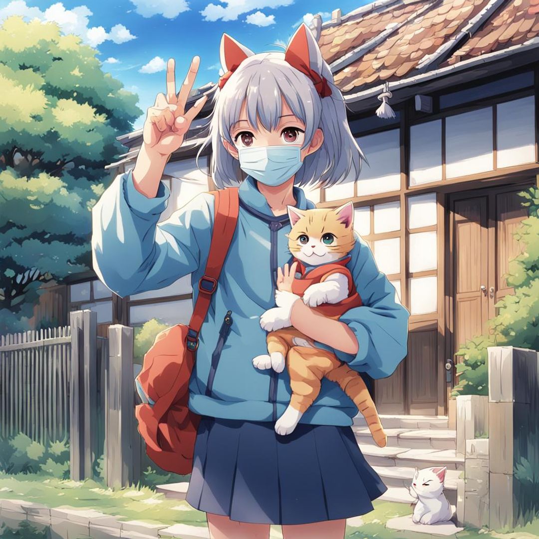 anime girl with a mask holding a cute baby cat in one hand and making a ...