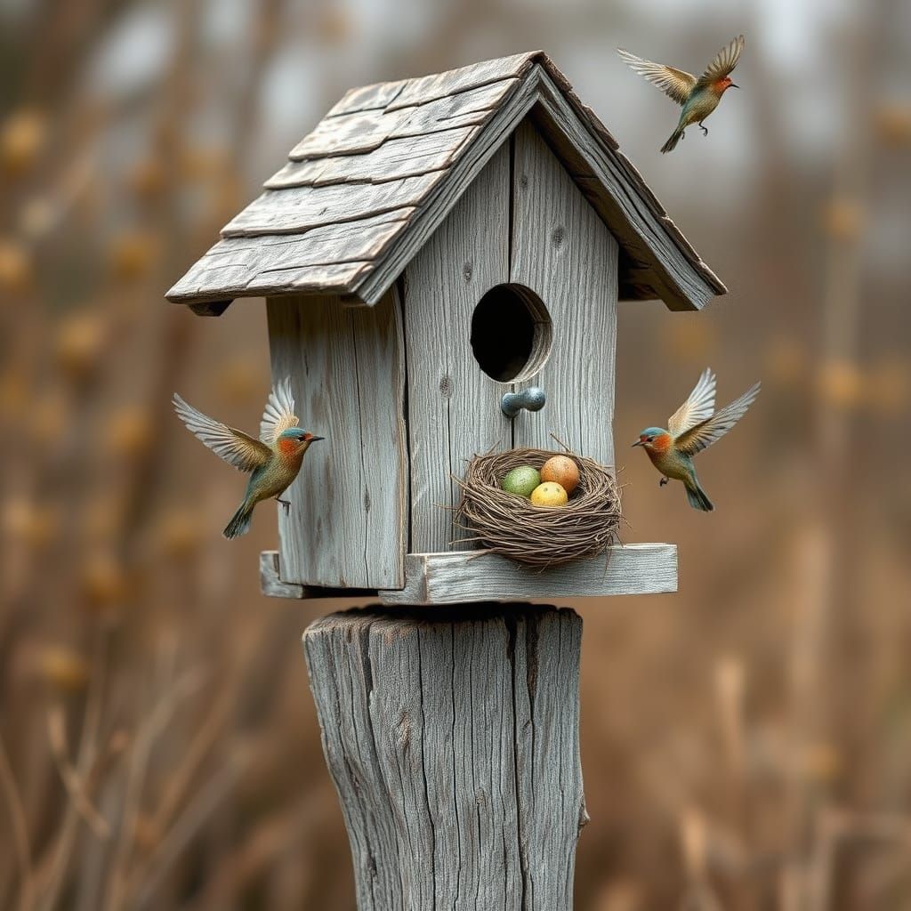 A run down dilapidated old wooden bird house on an old grey post.