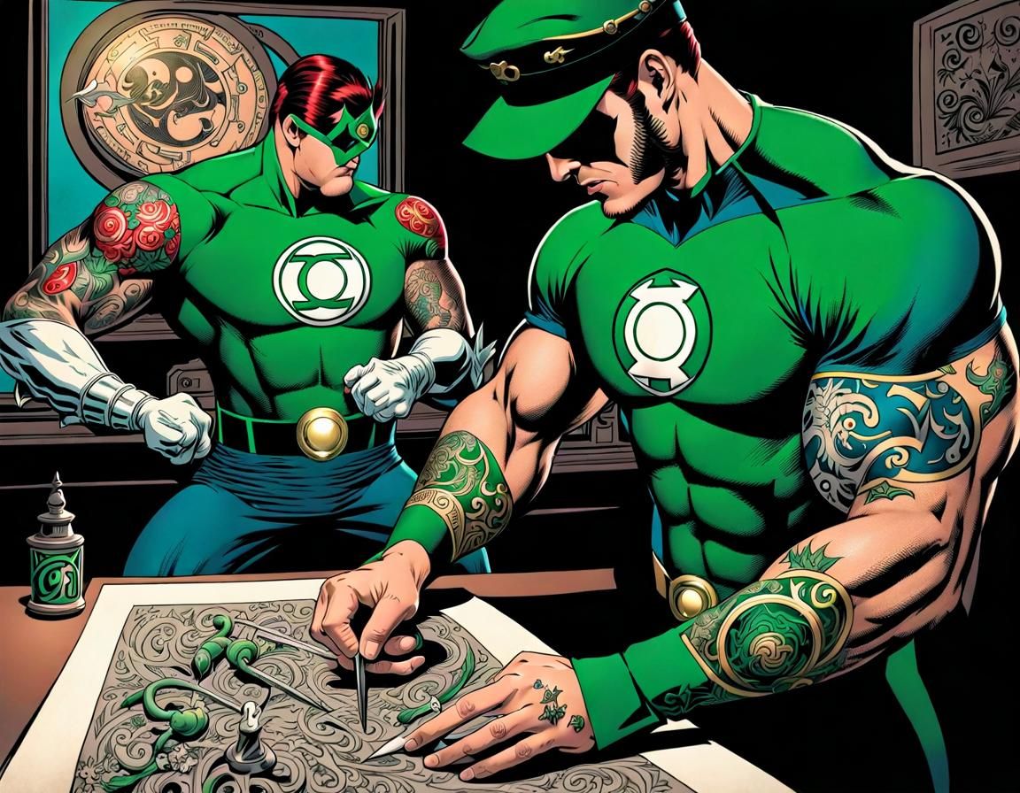 Tattooed Man hanging with Green Lantern and getting ink done - AI Generated Artwork - NightCafe ...