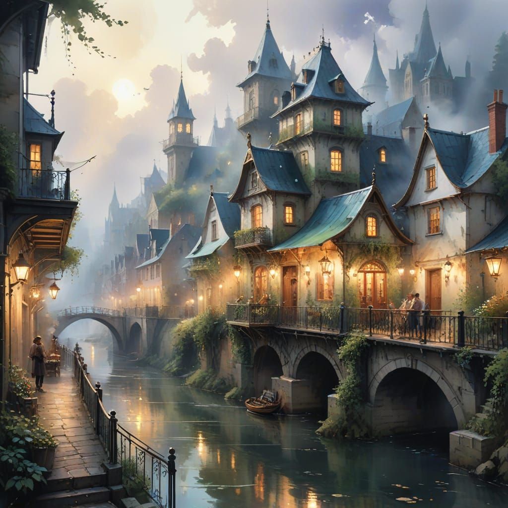 Steampunk River Townscape in Whimsical Watercolour... - AI Art