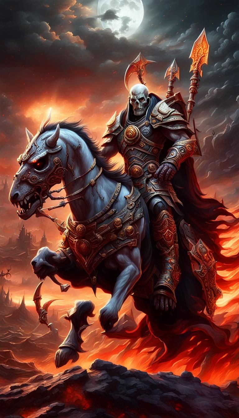 World of Warcraft, 3D, hyper-realistic. Wrathful Mars rides a fiery ...