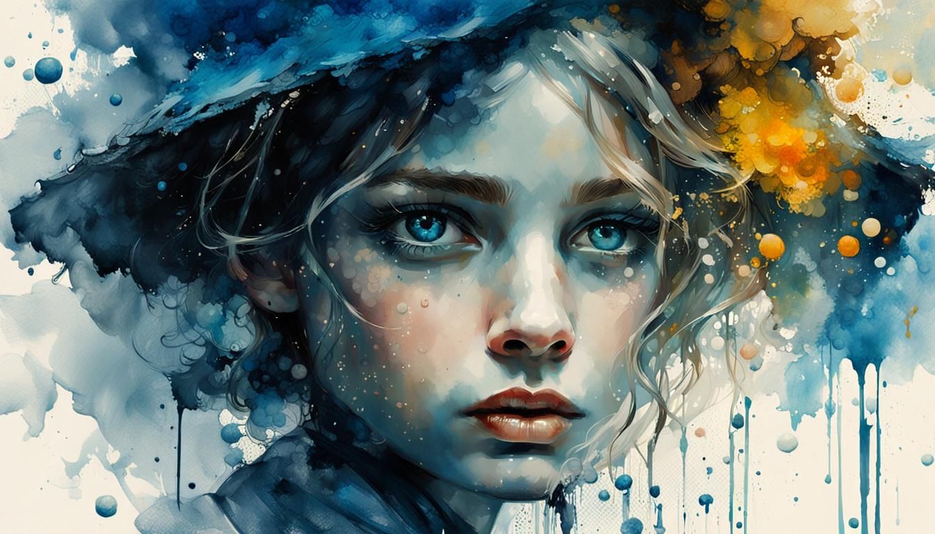 Blue - Elegant Portrait in Deep Blue Watercolors