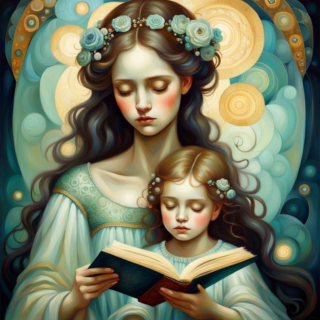 oil painting portrait of a Mother with child reading - AI Generated ...