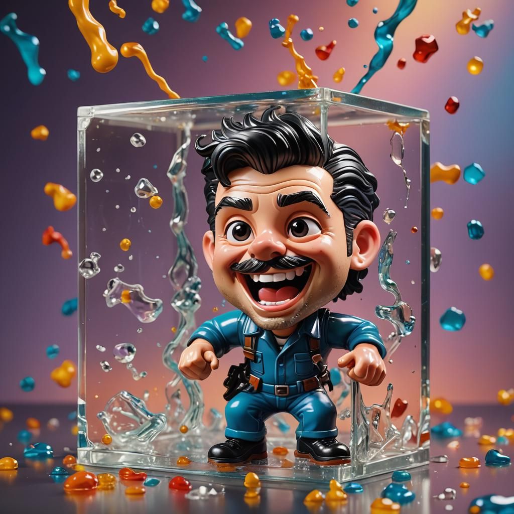 Caricature bad boy mechanic, funko pop glass box, laughing - AI ...