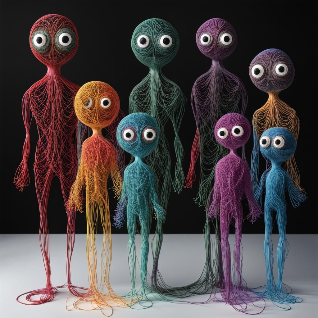 "Standing in a black room are Googly eyed colorful Wire People, family ...