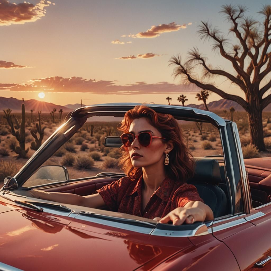 /imagine prompt: Driving through the Desert in a red Cadillac ...