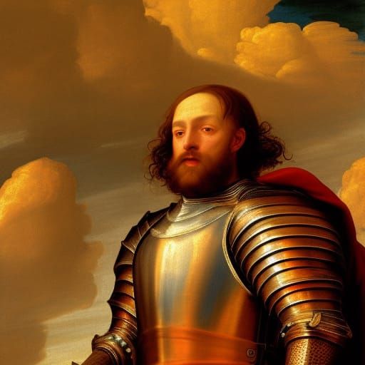 renaissance painting of a knight sitting in the sunlight with his chin ...