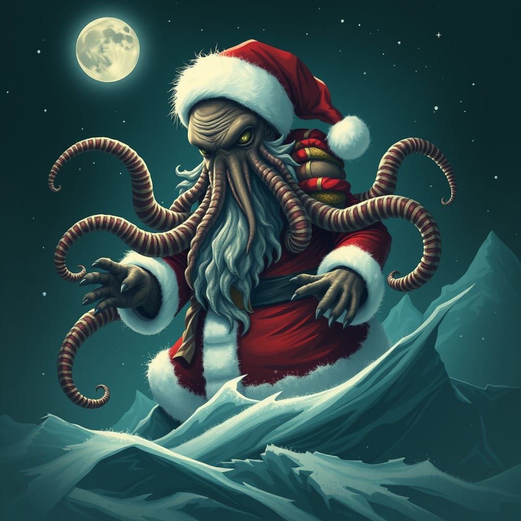 Cthulhu in Santa Claus Attire Amidst Titanic Ruins - AI Art