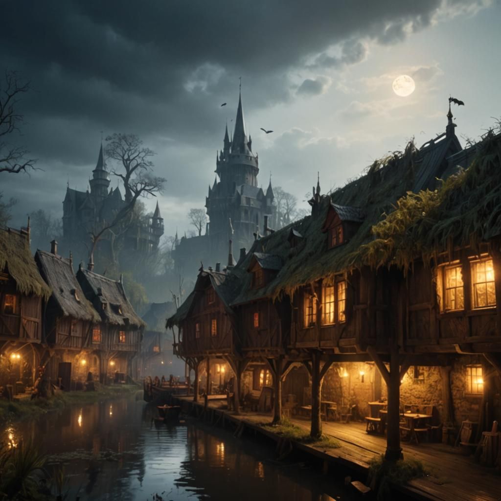 high Fantasy epic scenic Dark night in the medieval swamp village ...