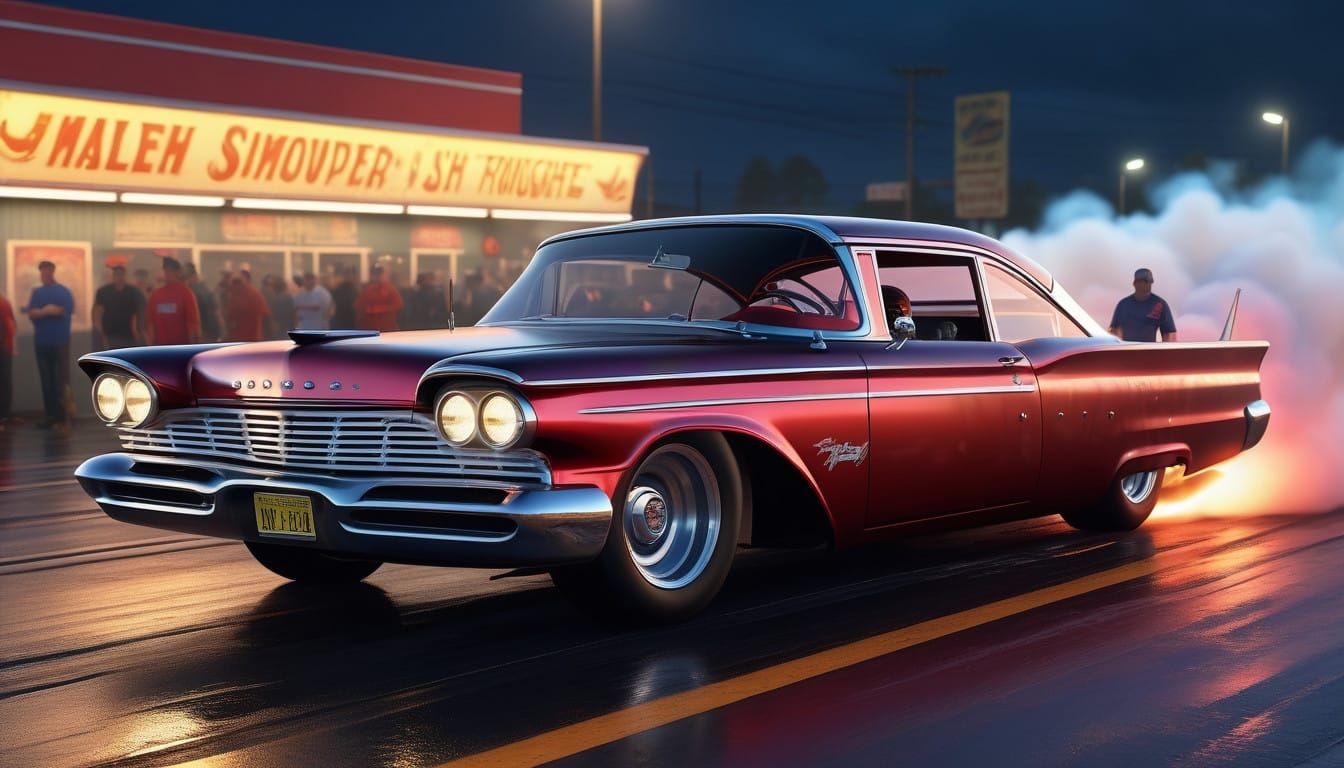 Electric Red Dragster Rages on Nighttime Track - AI Art