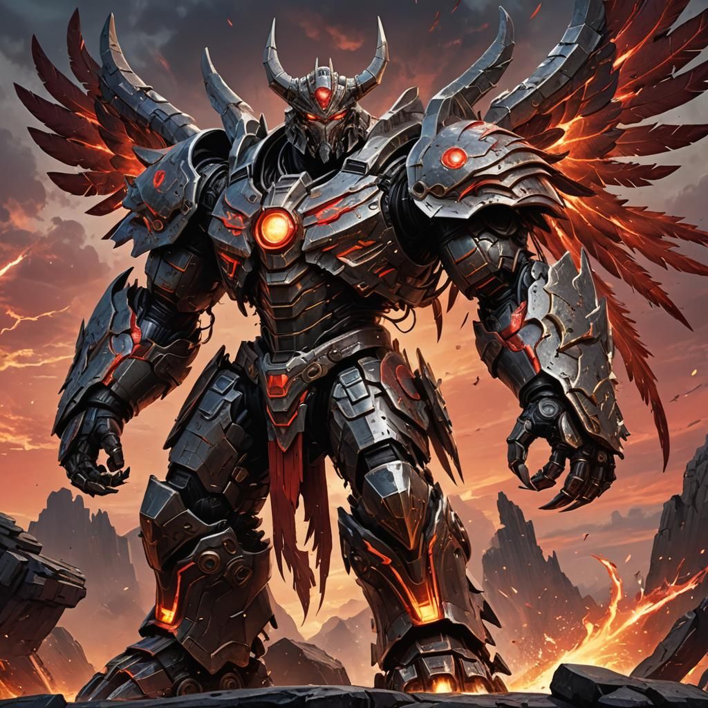 A striking vertical poster featuring Titanus Prime, an imposing robot ...