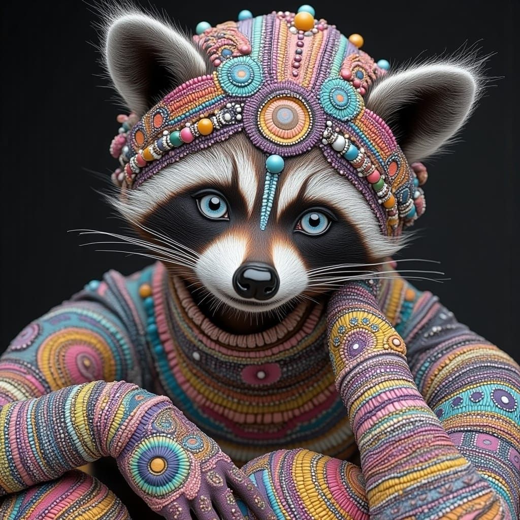 Portrait of a bowery facekini mandala effect on a raccoon dressed as a ...