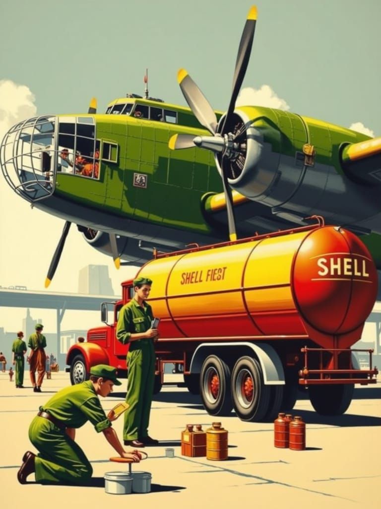 Vintage Aviation Refueling Scene in Bold, Graphic ... - AI Art