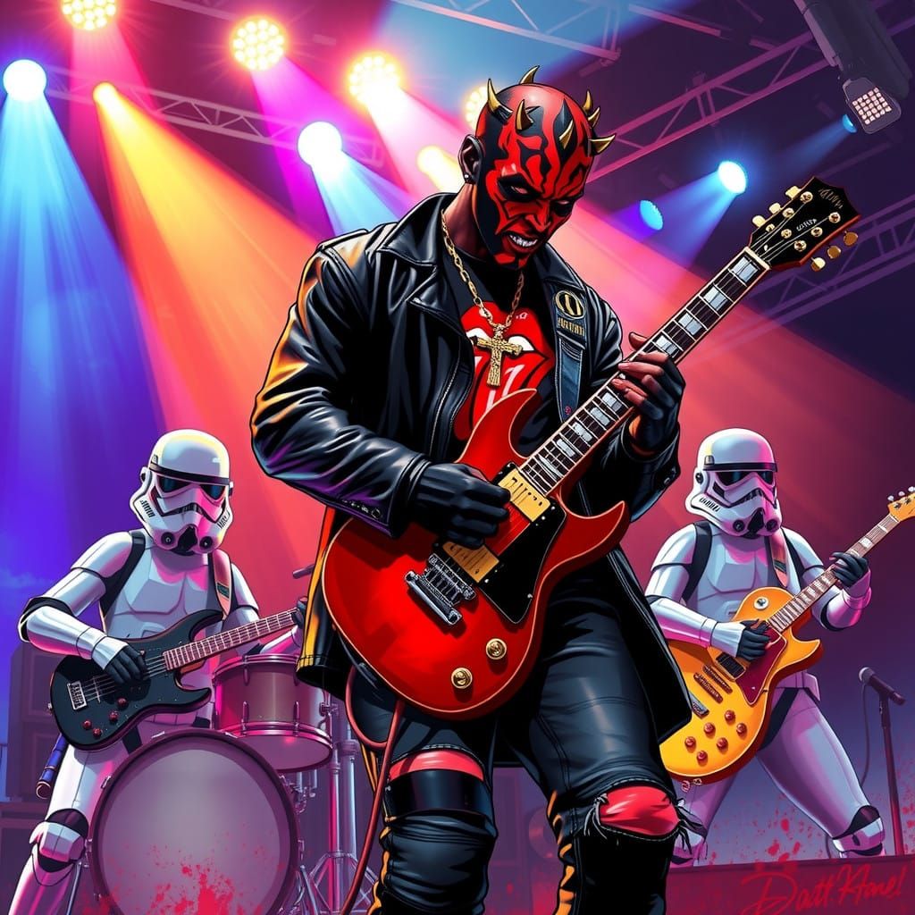 Darth Maul, dressed in a black leather jacket, a rolling stones t-shirt ...