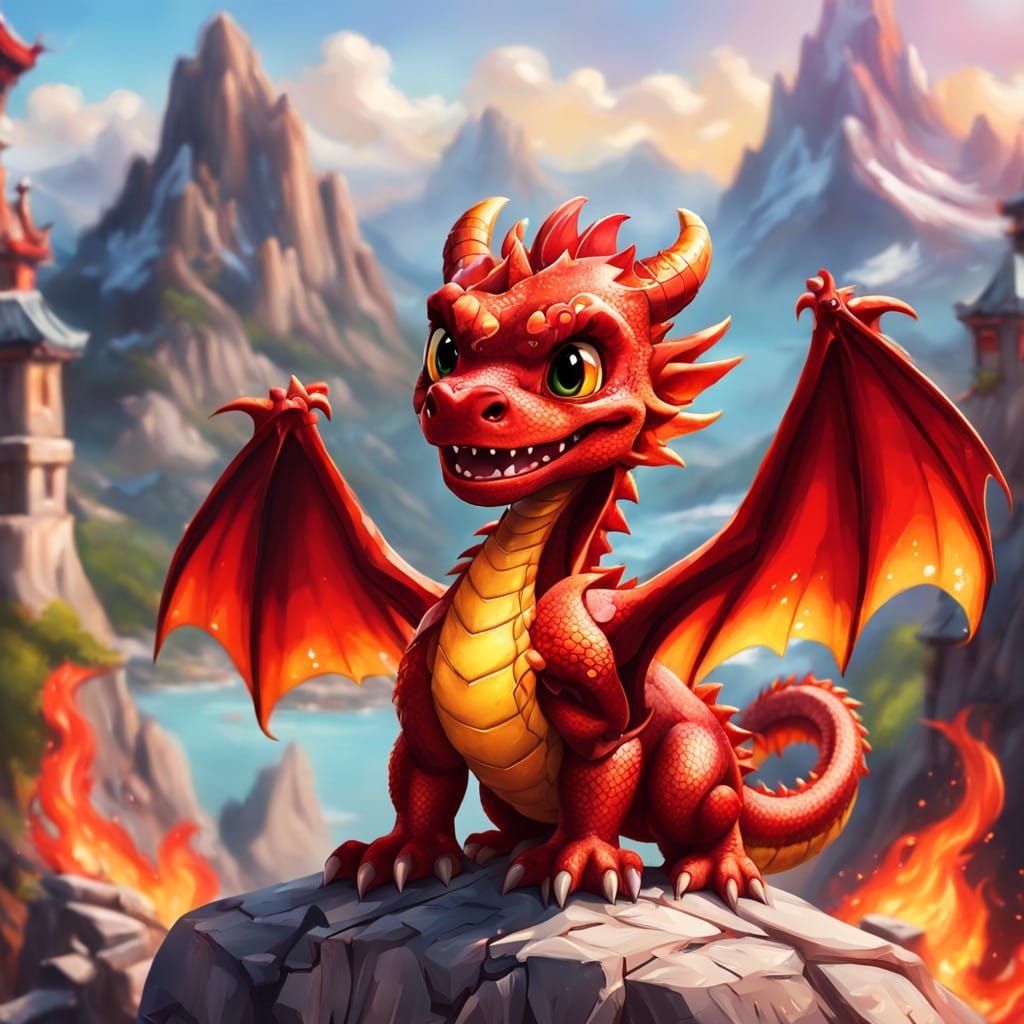 cute baby loud red fire dragons, cute, nice smile,... - AI Art