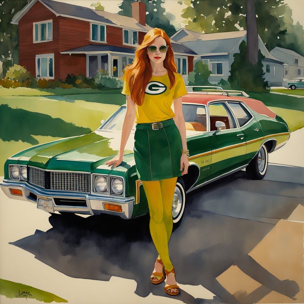 Packer Backer - 1970s Era Beauty Admires Classic Car