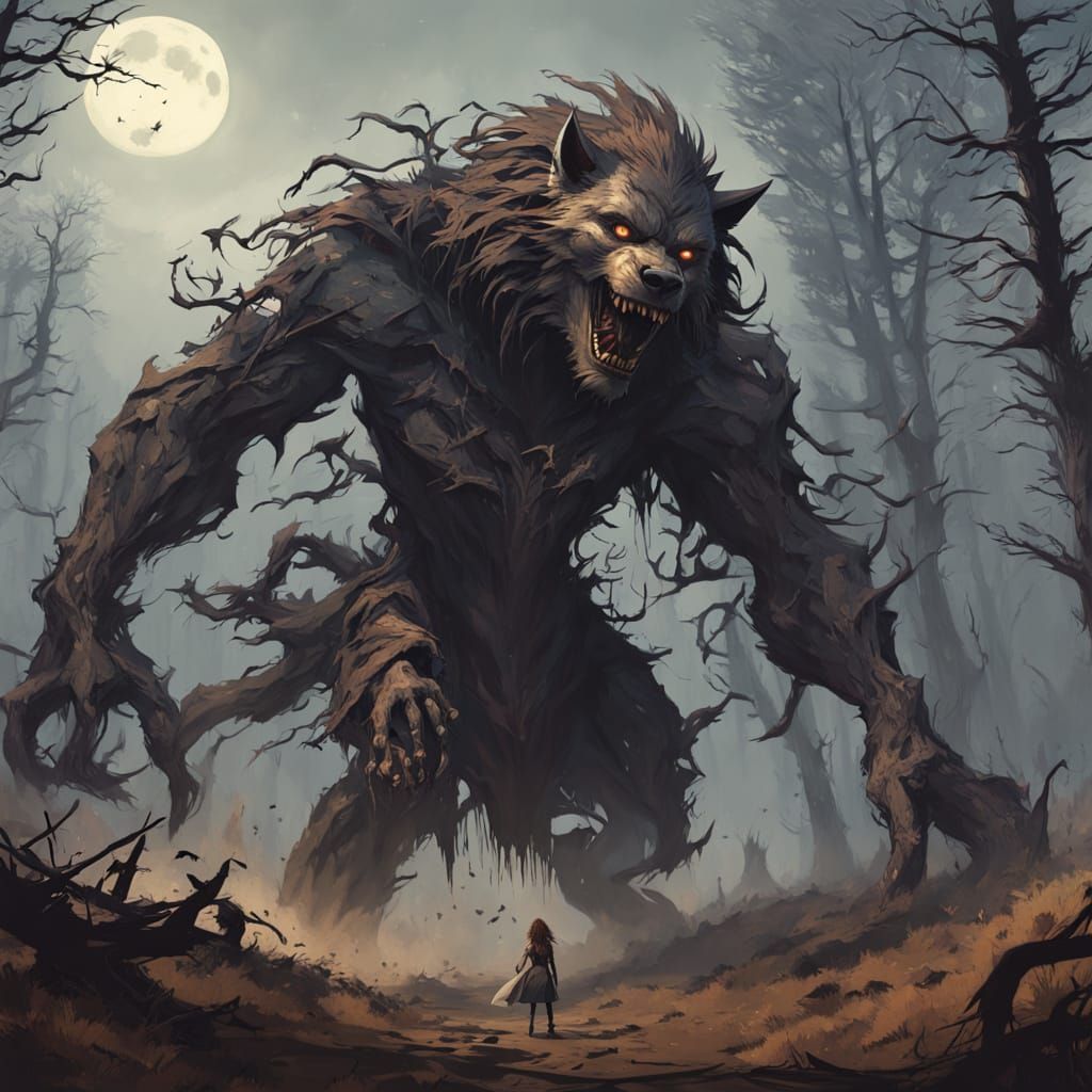 a huge and scary werewolf chasing a woman with a perfect body in the ...