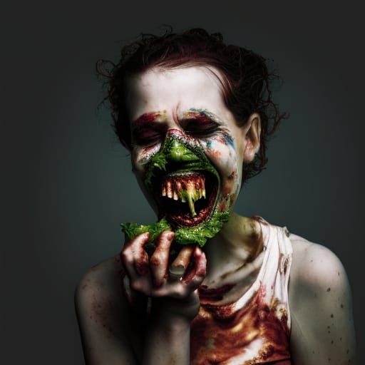 Rotting woman laughing eating a salad - AI Generated Artwork ...