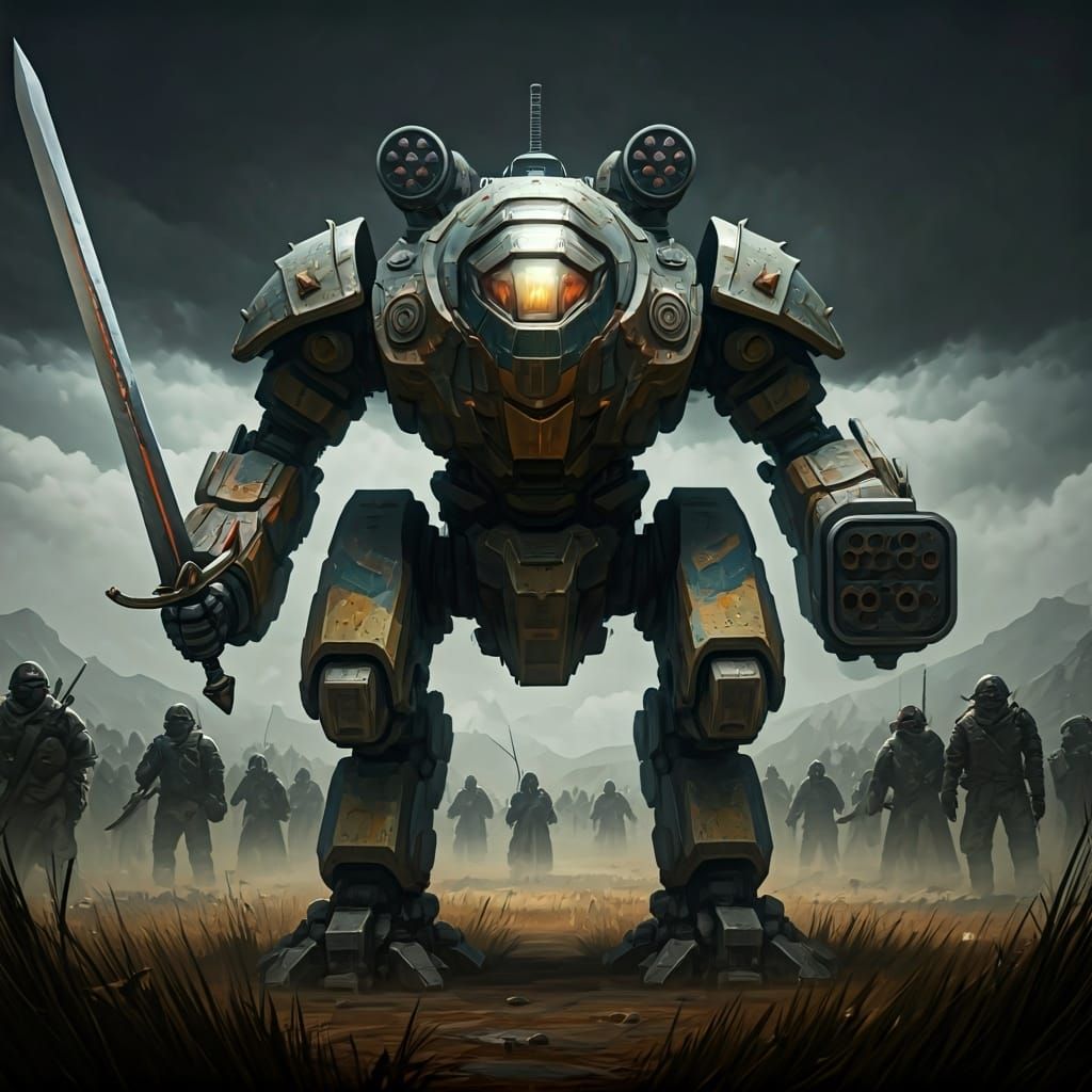 science fantasy armored mech decorated with medieval carvings and ...