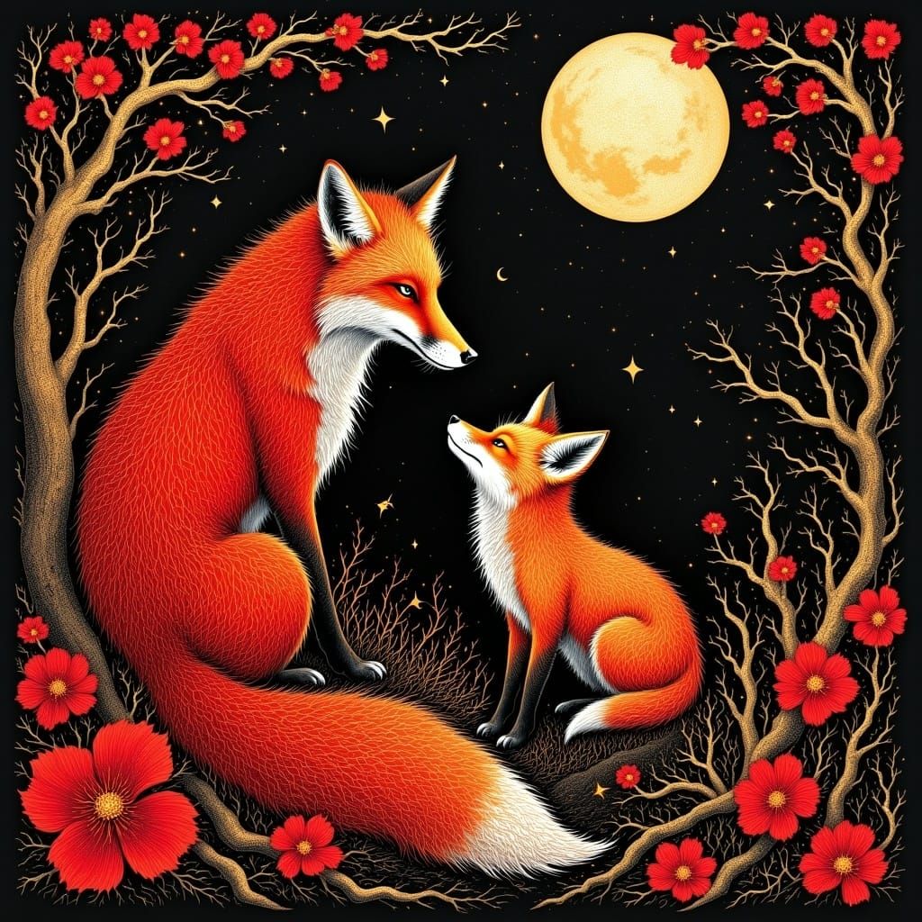 The little fox learns the story about the moon