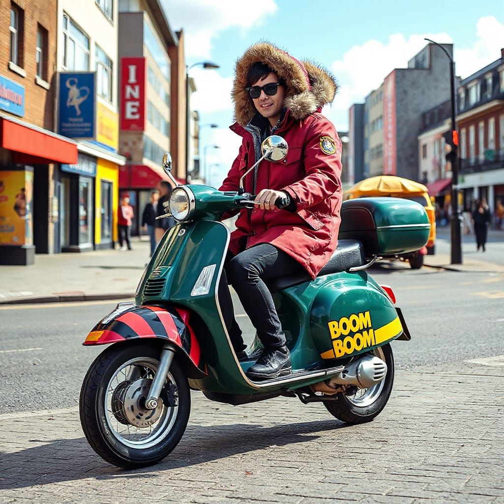 Mod wearing a parka on a mod scooter wrapped in "boom boom" artwork