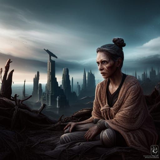 A close-up full-face portrait of a woman alone in an apocalyptic ...