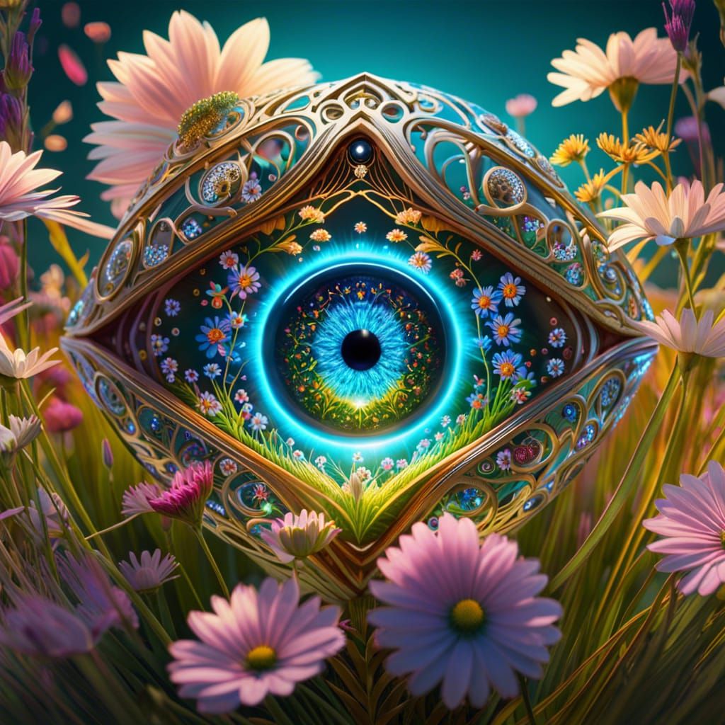 a Luminous Filigree Crystal Eye in a meadow from Inside which Multiple ...