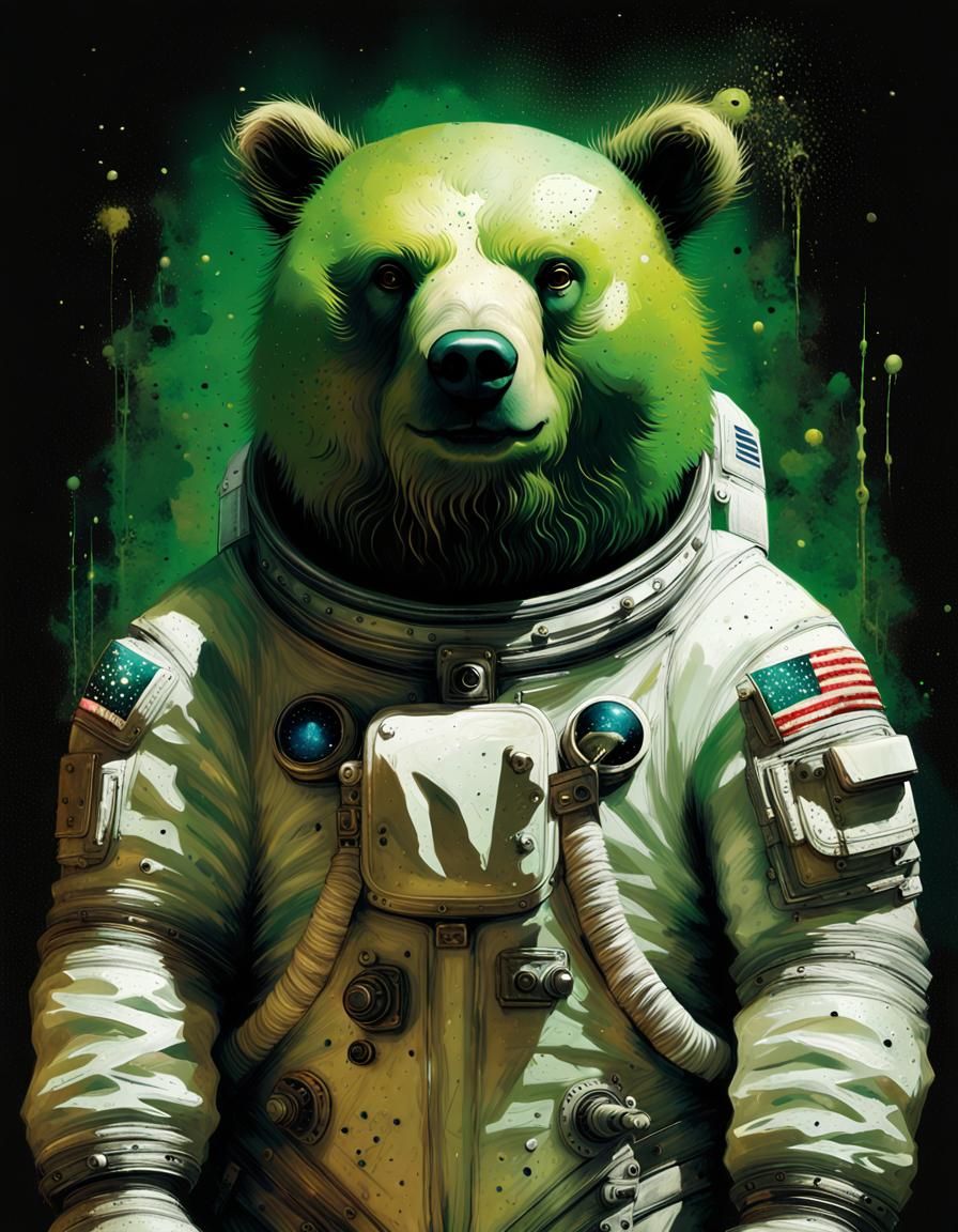 "Astronaut obese Bear alien with intense glowing bioluminescent green ...
