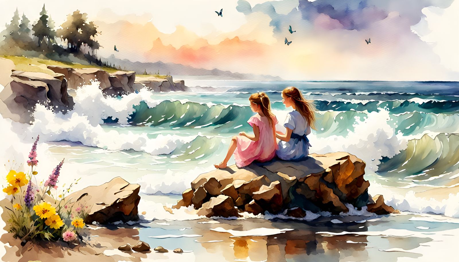 E1039-Beautiful Mother and Daughter Dangling Feet in Surf-2408-AR-16x9 ...