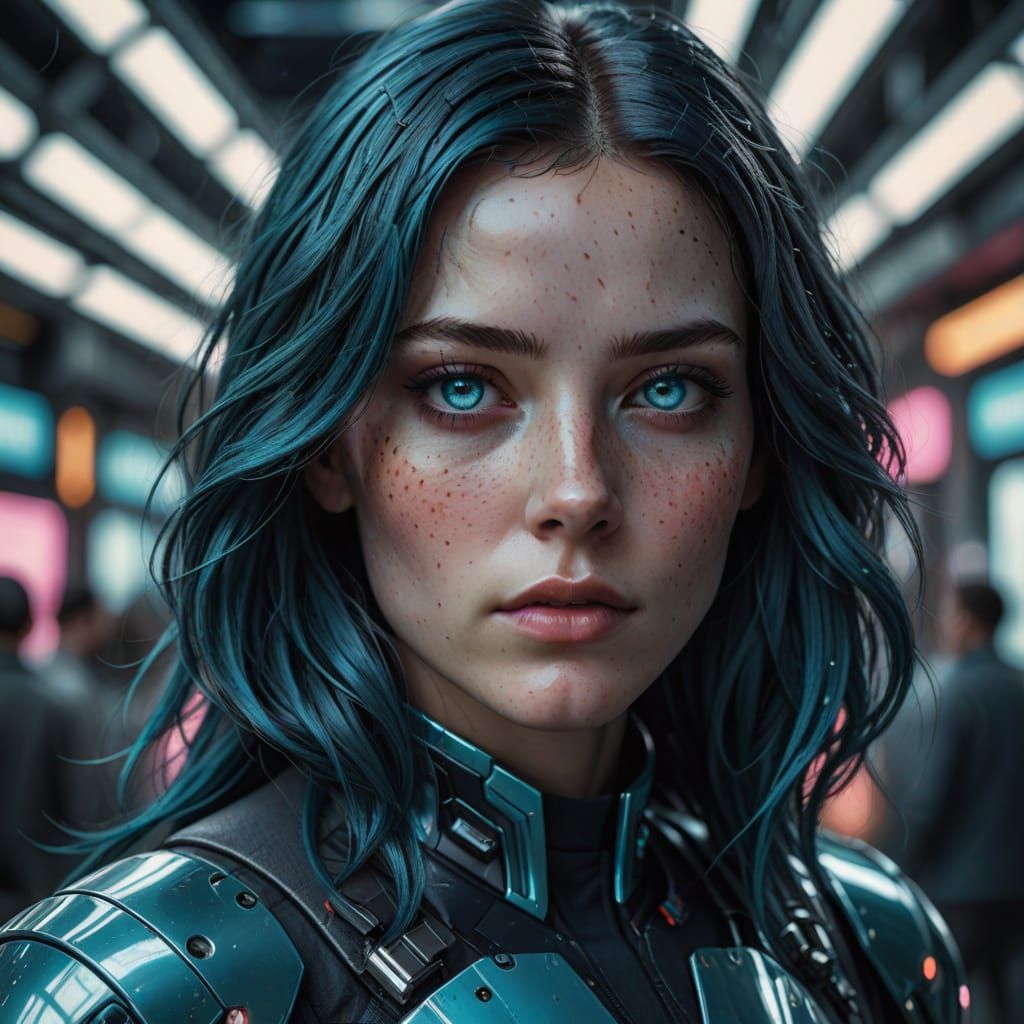 Female android blue hair sci-fi character futuristic