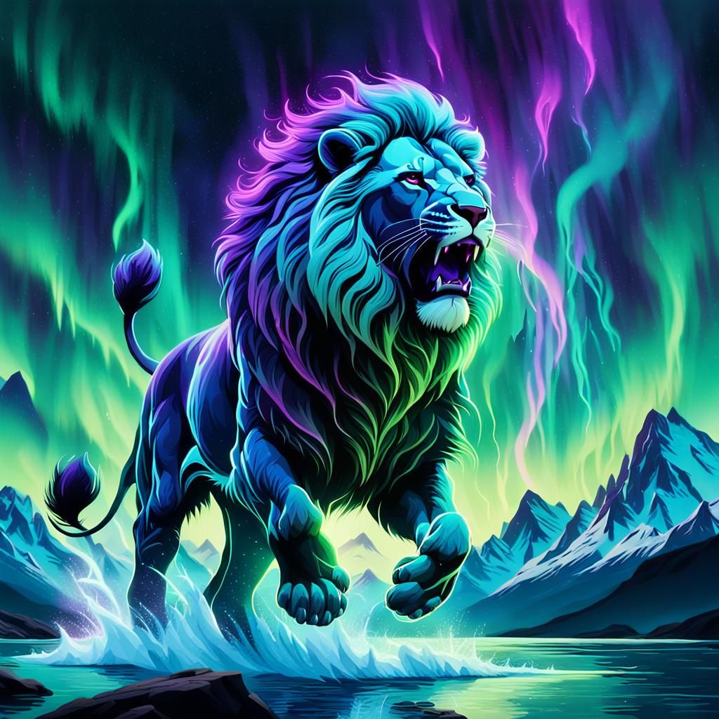 Astral lion - Cinematic Lion Leaps into Futuristic Mountains...