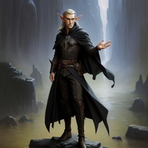 Young Half High-Elf male sorcerer wearing elfish clothes and a black ...