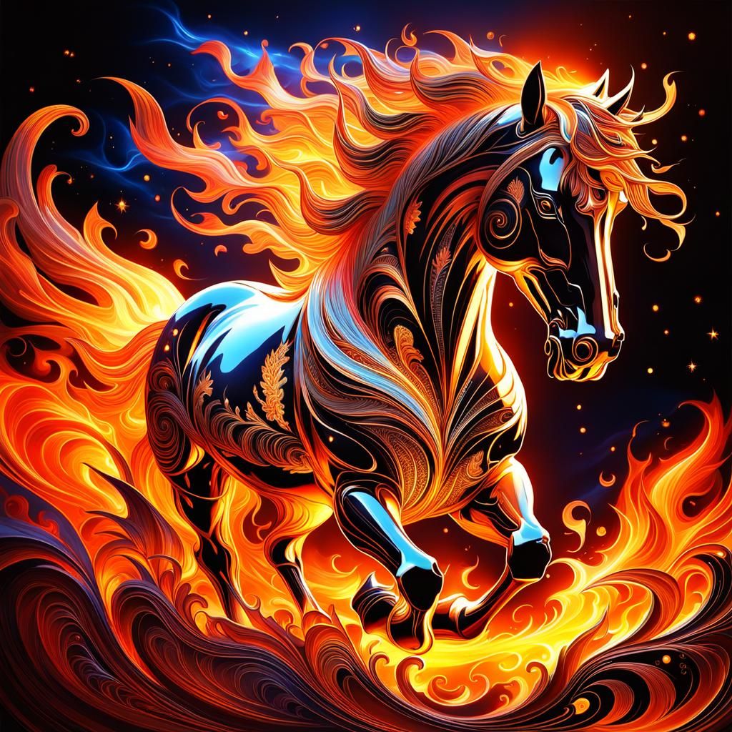 (("FIRE RESEMBLING A GALLOPING HORSE!!!")), engulfed in spiralling fire ...