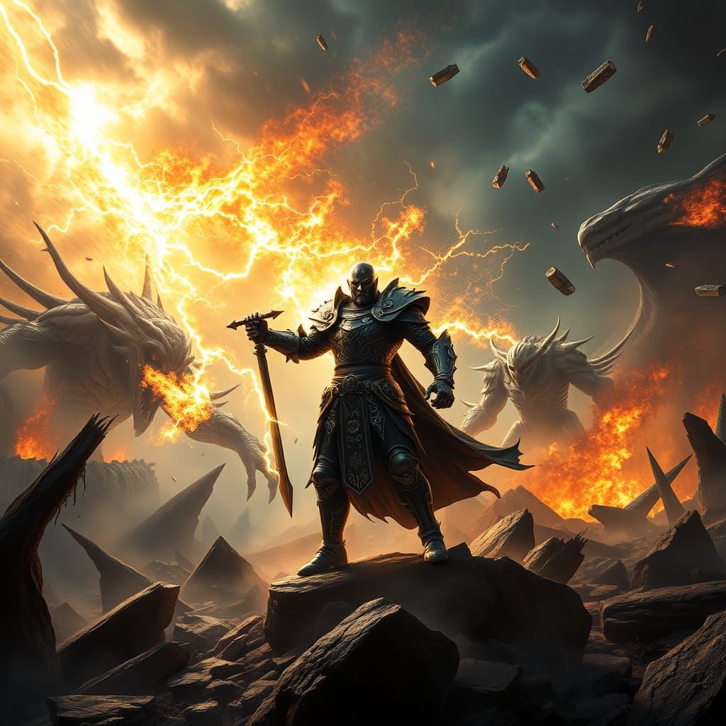 Epic Warrior Battles Monstrous Beasts in Turbulent... - AI Art