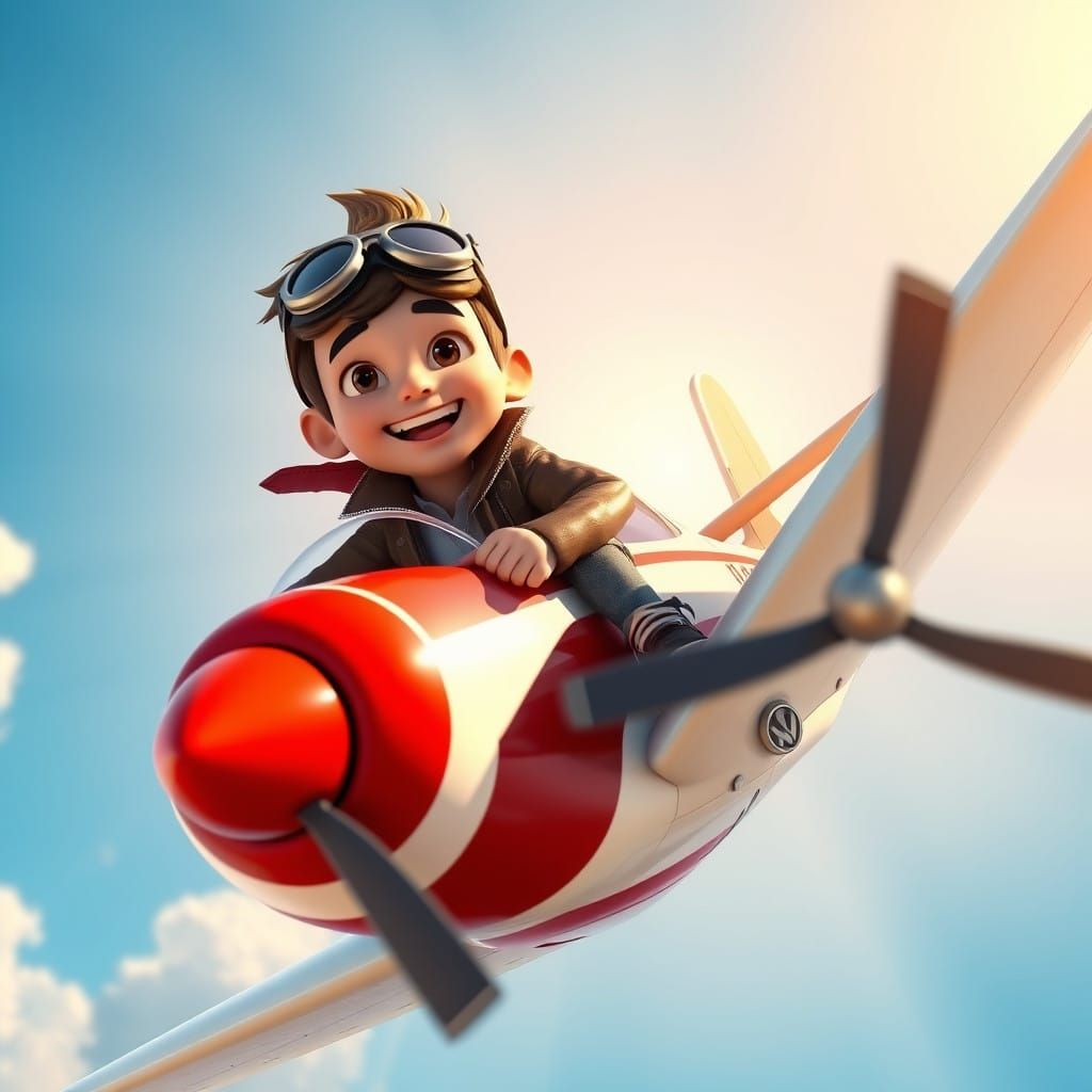 Adventurous Pilot Boy Soars Through Clear Blue Sky - AI Art