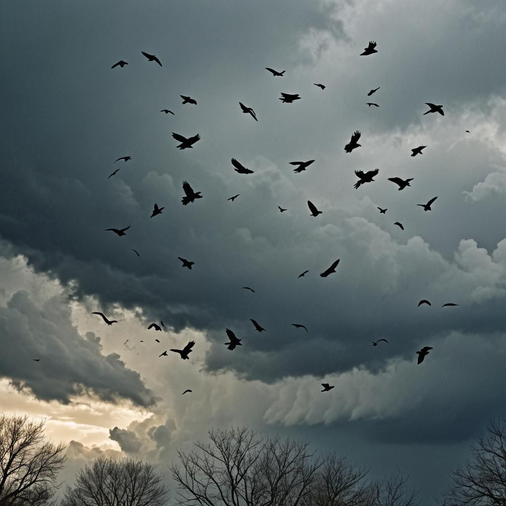 Crows flying into storm - AI Generated Artwork - NightCafe Creator