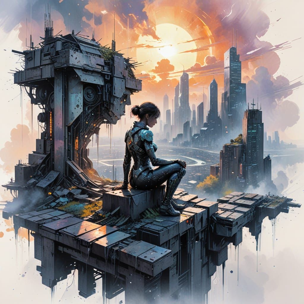 Cyborg Rebel Surveys Holographic Megalopolis in Fu... - AI Art