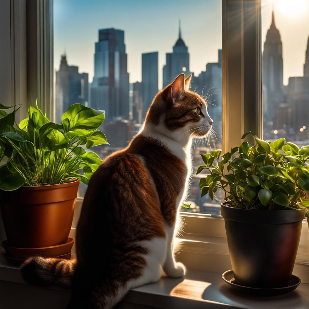 Sunlit Serenity: Cat and Plants on a Windowsill - AI Generated Artwork - NightCafe Creator