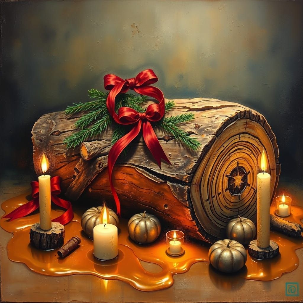 Warm Encaustic Wax Yule Log with Rustic Christmas ... - AI Art